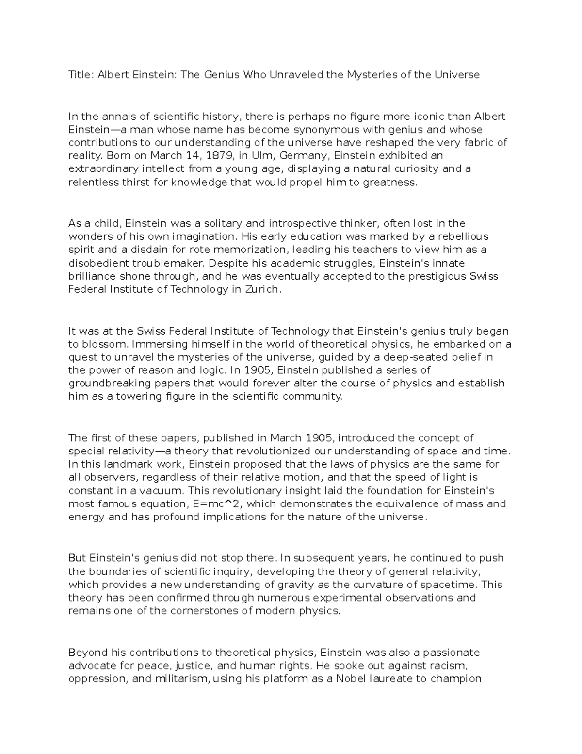 Title 1 - Title: Albert Einstein: The Genius Who Unraveled the ...