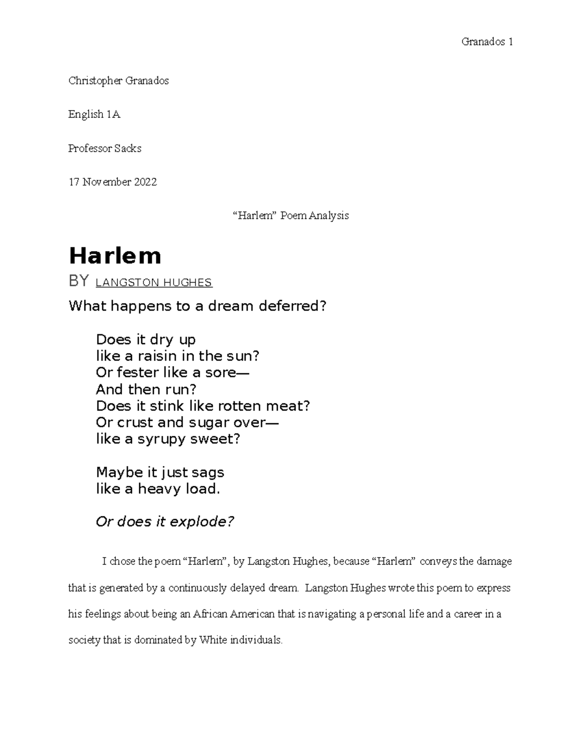 Poem Analysis Paper - huioionuioedncuk - Granados 1 Christopher ...