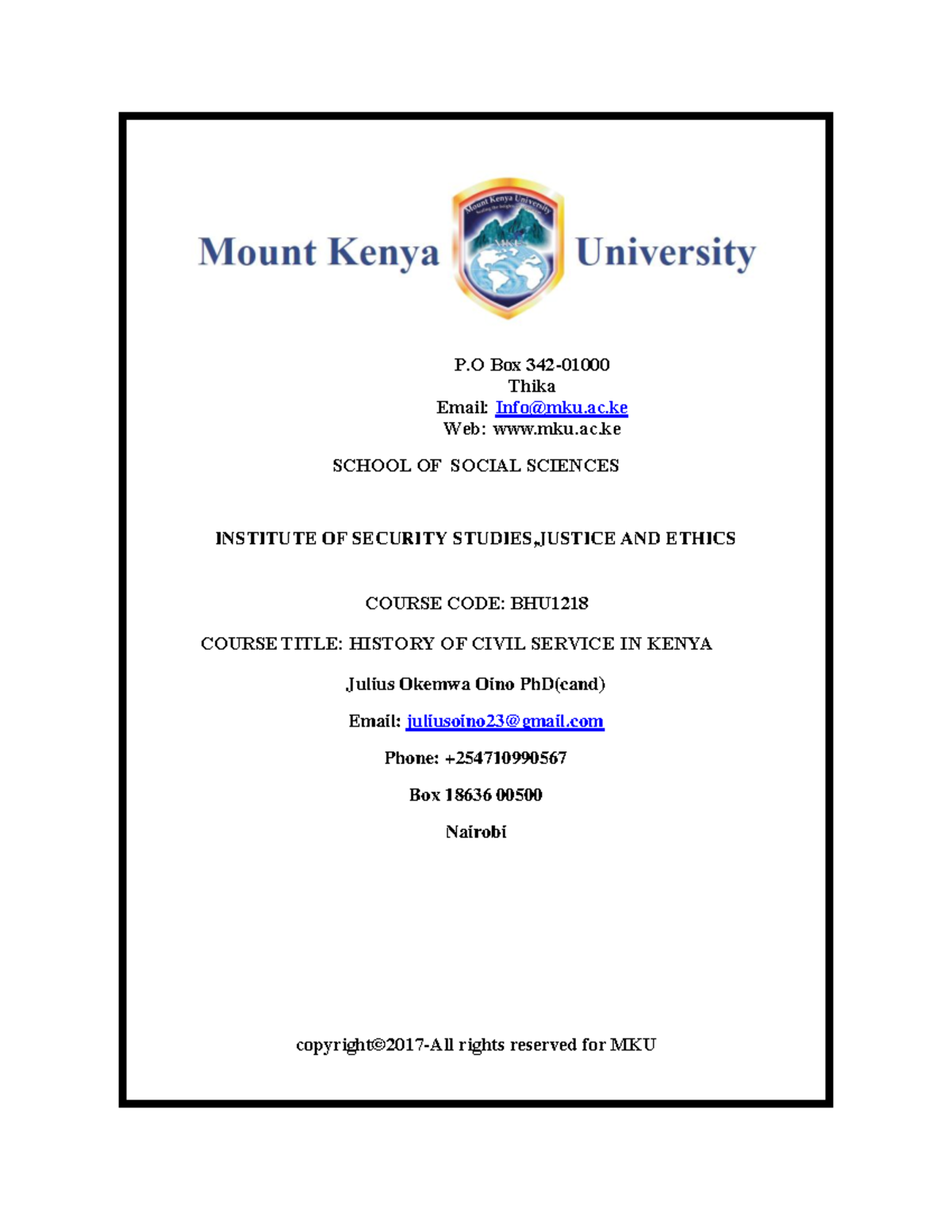 BHU 1218 Module-1 - NOTES - P Box 342 - 01000 Thika Email: Info@mku.ac ...