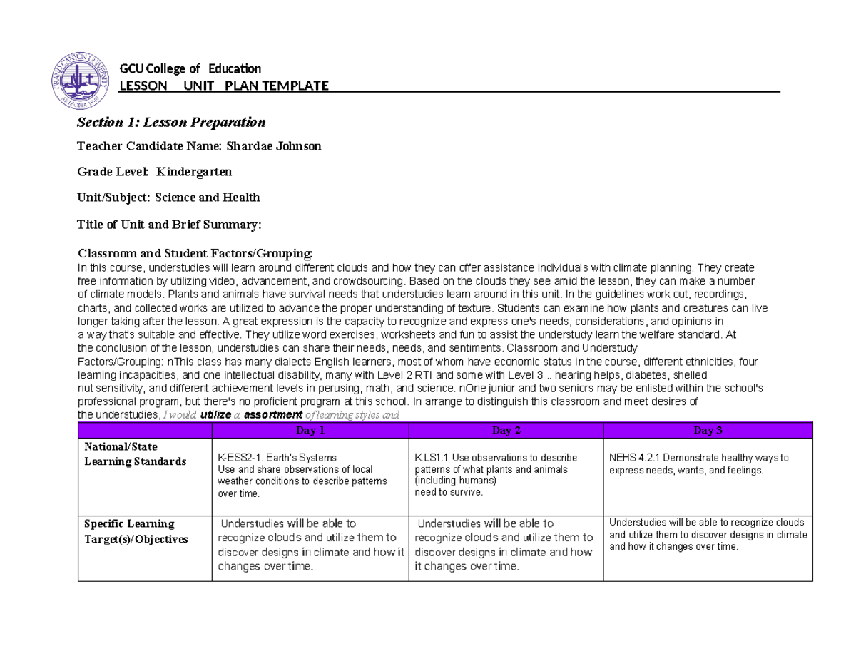 3-day unit plan - Section 1: Lesson Preparation Teacher Candidate Name ...