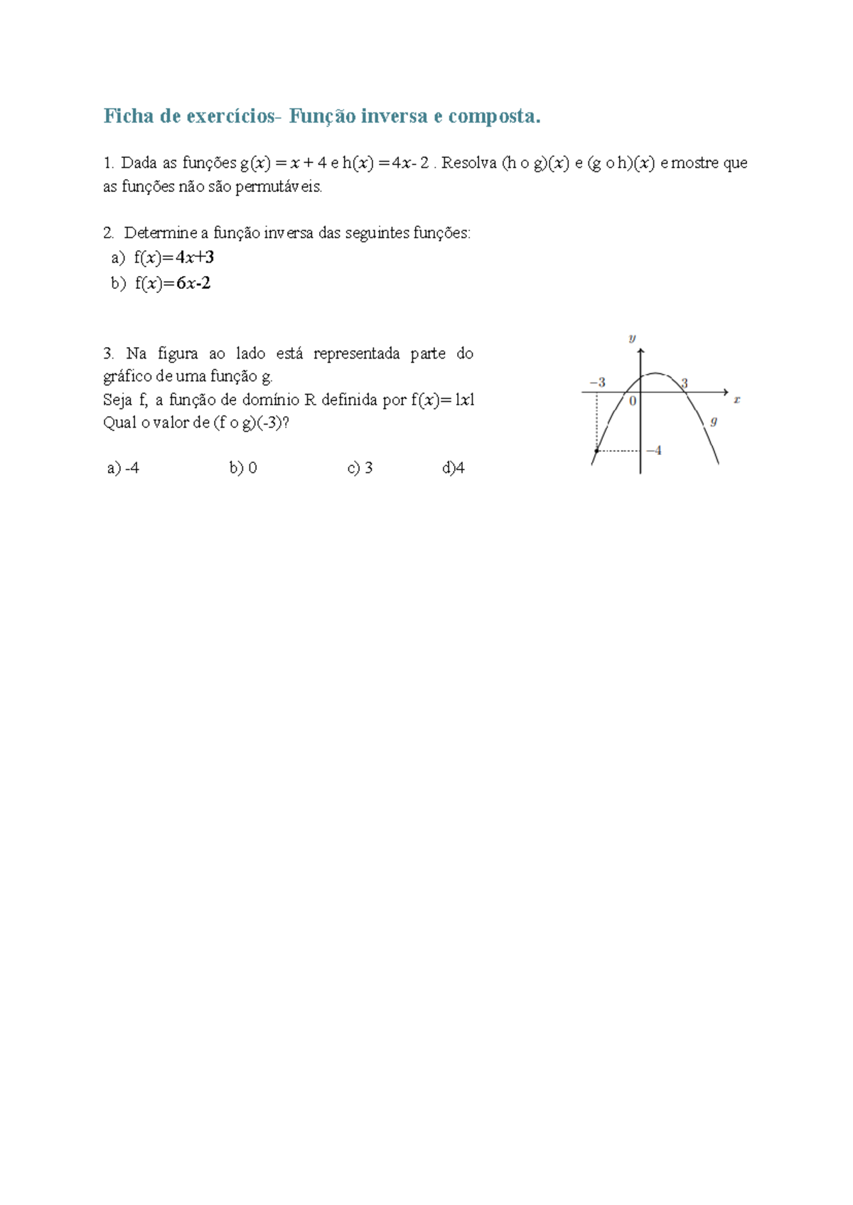 Ficha de exercícios- Função inversa e composta - matematica e cultura ...