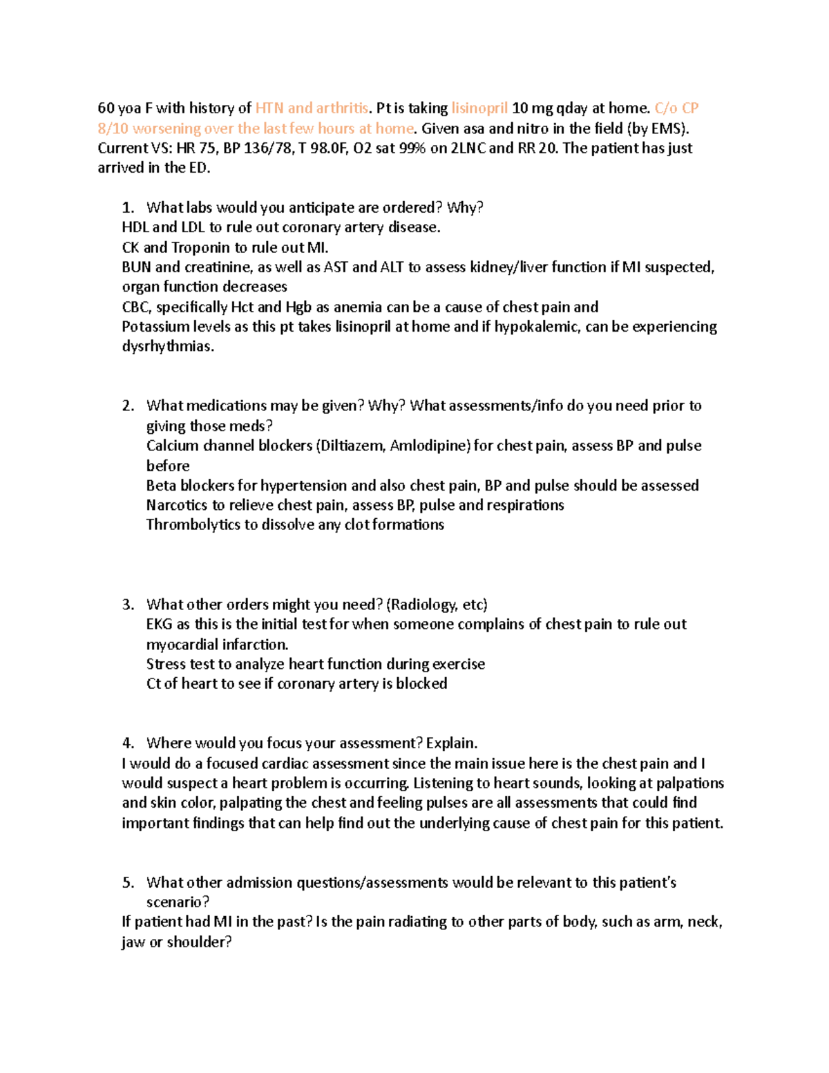 Nur216 cardiac Cath case study - 60 yoa F with history of HTN and ...