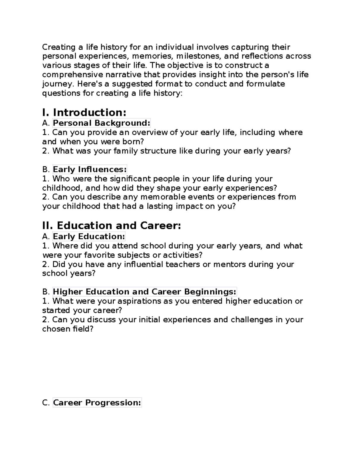 Format OF Making A LIFE History OF A Local Individual - Creating a life ...