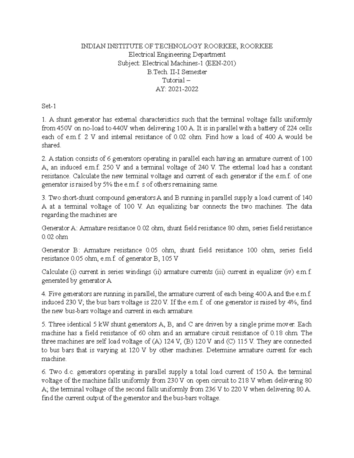 Tutorial Vi1 Een 201 Tutorial Sheet Indian Institute Of Technology