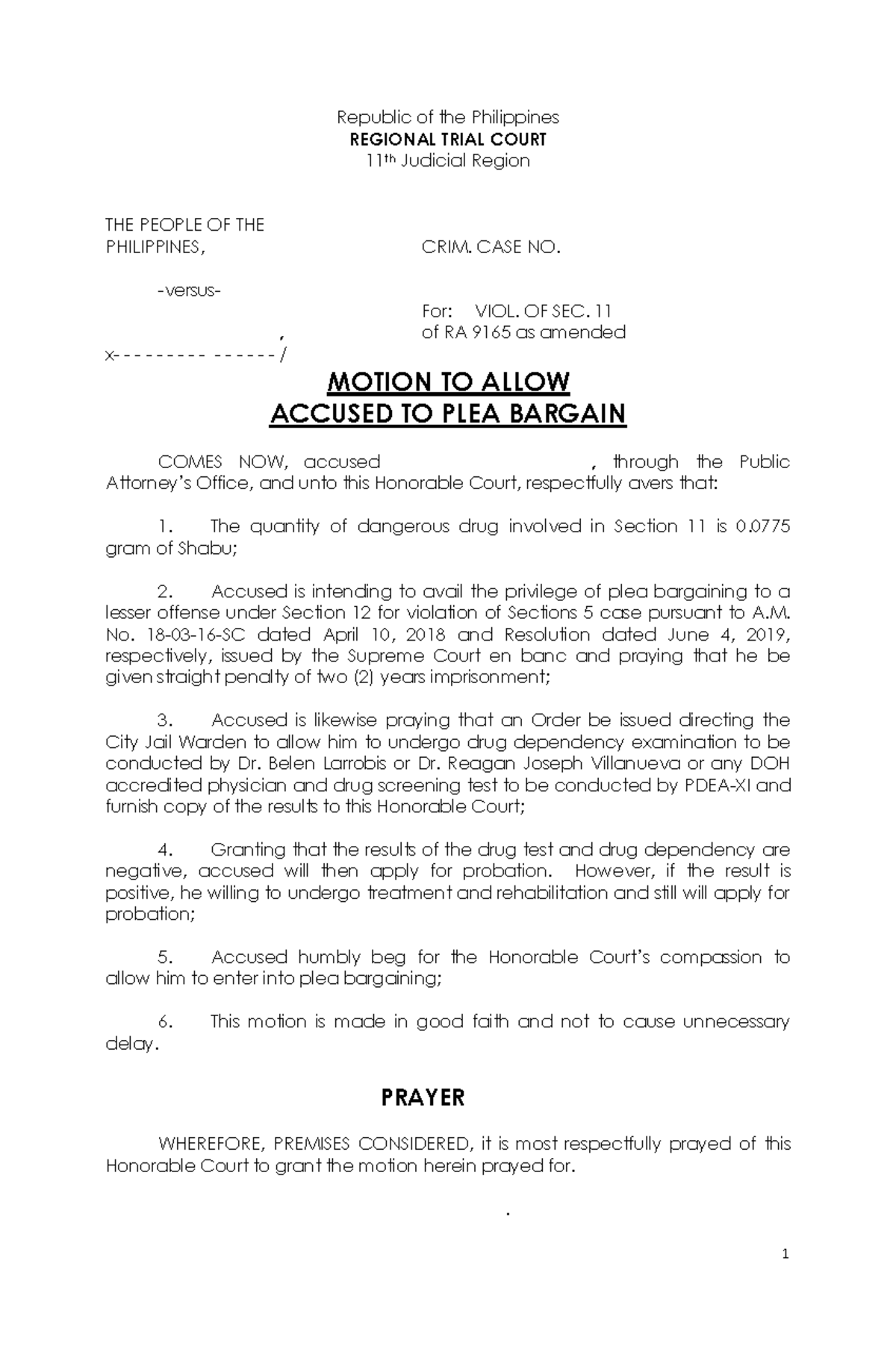 Motion Plea Bargain Sample Law Pleading 1 Republic Of The