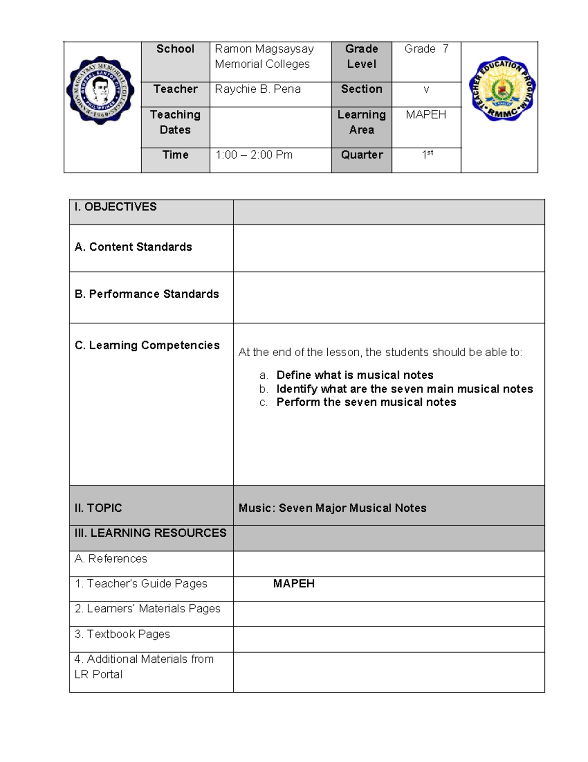 Musical-notes-LP - I. OBJECTIVES A. Content Standards B. Performance ...