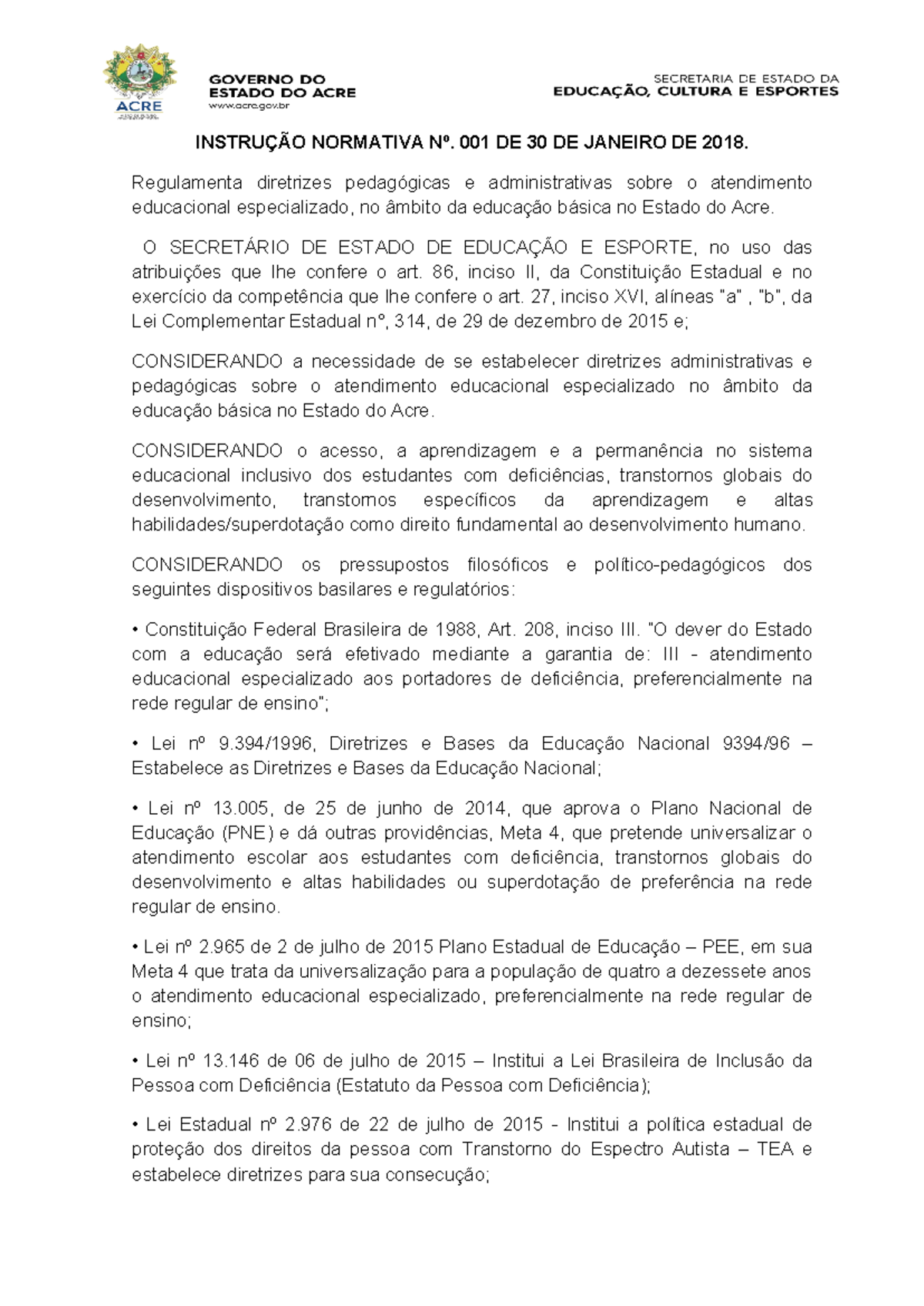 IN AEE Nº 001 de 2018 - INSTRUÇÃO NORMATIVA Nº. 001 DE 30 DE JANEIRO DE ...