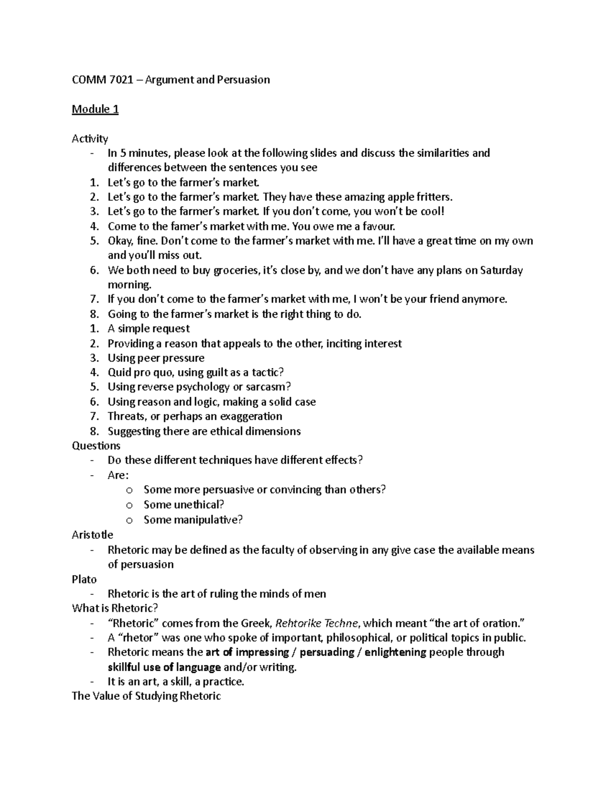 COMM 7021 - Module 1 - Lecture notes 1 - COMM 7021 – Argument and ...