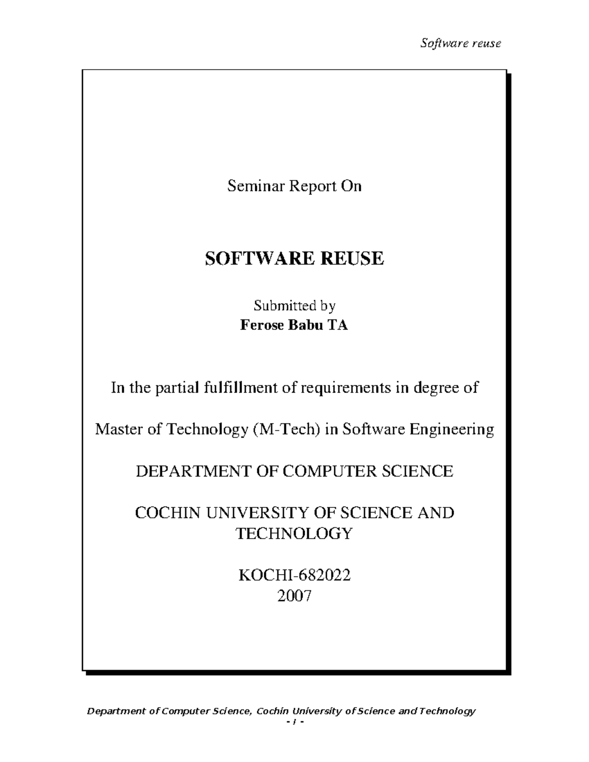 Pdfcoffee software - Seminar Report On SOFTWARE REUSE Submitted by Ferose Babu TA In the partial ...