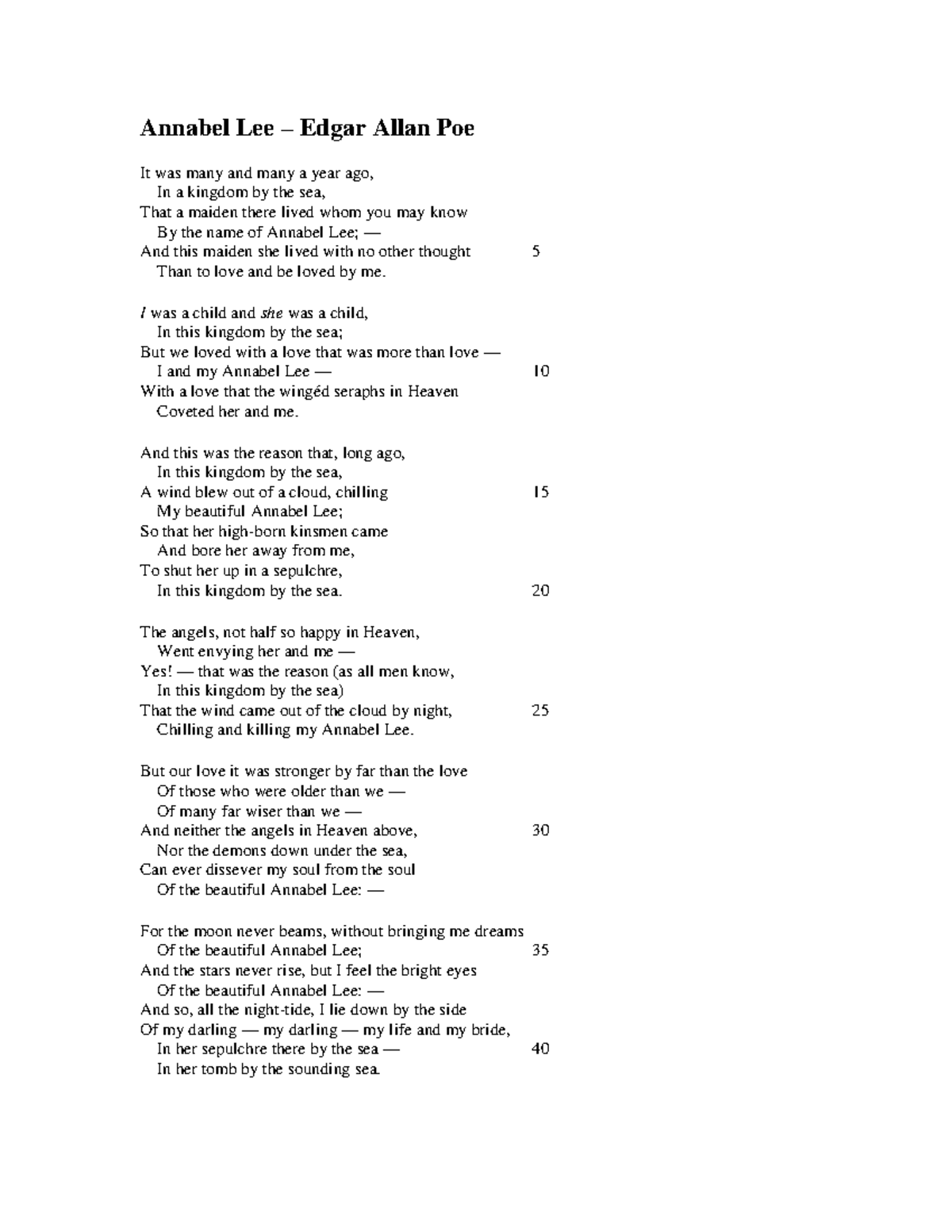 Annabel-Lee - Declamation - Annabel Lee – Edgar Allan Poe It was many ...