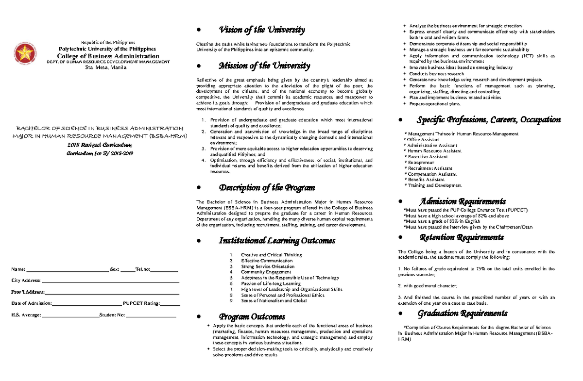 Curriculum 2018 BSBA HRM Republic Of The Philippines Polytechnic