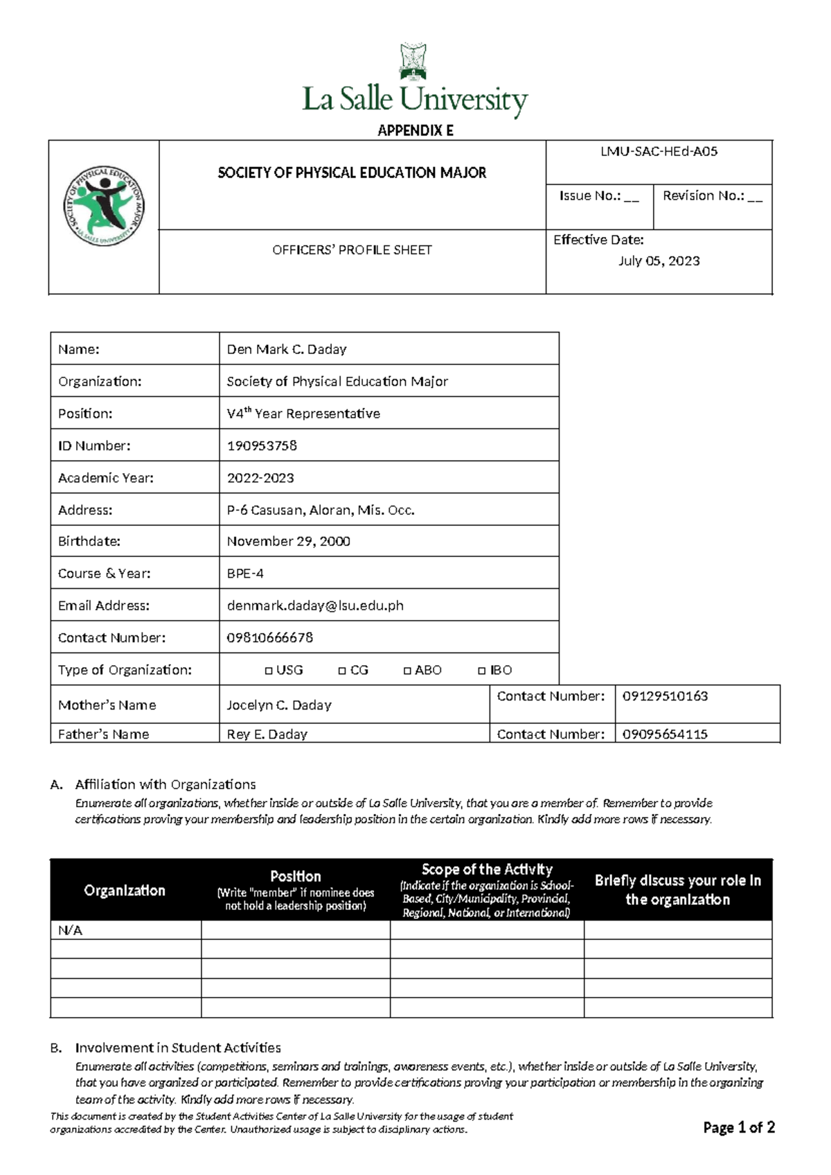 Individual Officers Profile Sheet Daday Final - APPENDIX E SOCIETY OF ...