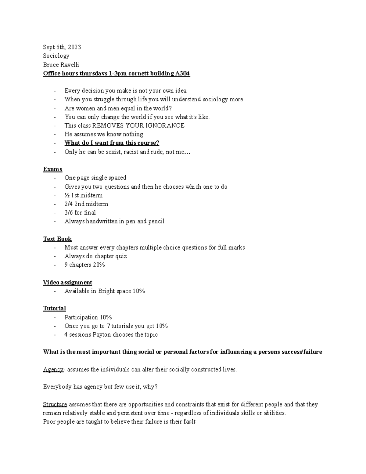 SOCI 100A - Full Bruce Ravelli sociology notes - Sept 6th, 2023 ...