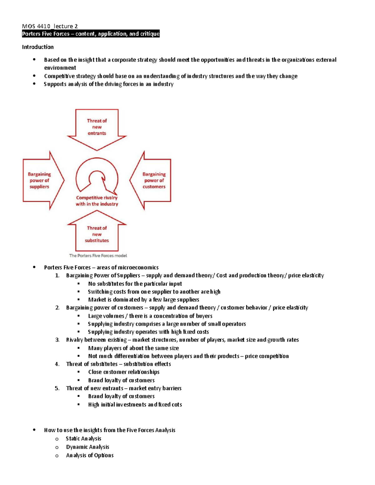 MOS 4410 Lecture 2 - Porters Five Forces – content, application, and ...