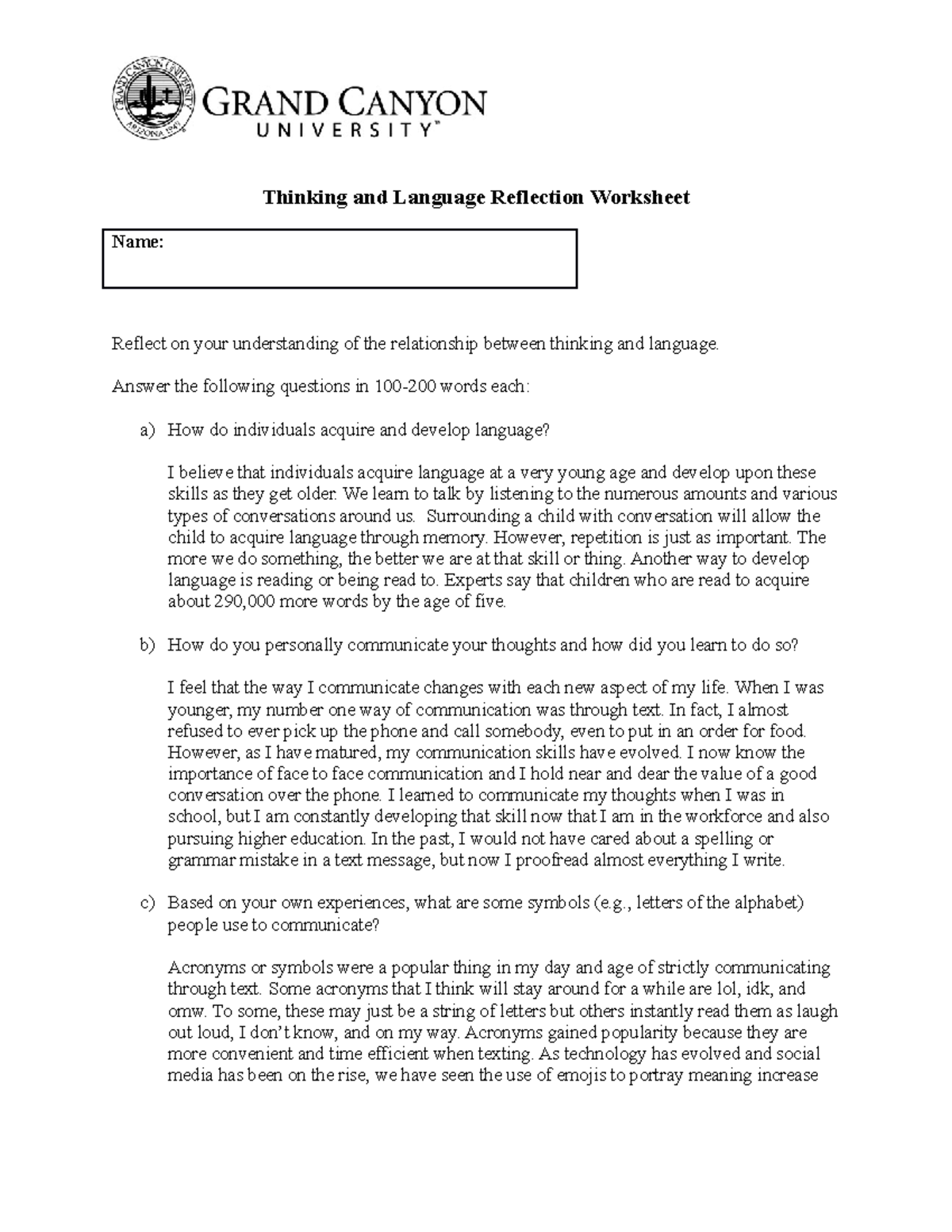 PHI105 Thinking & Language - Thinking and Language Reflection Worksheet ...