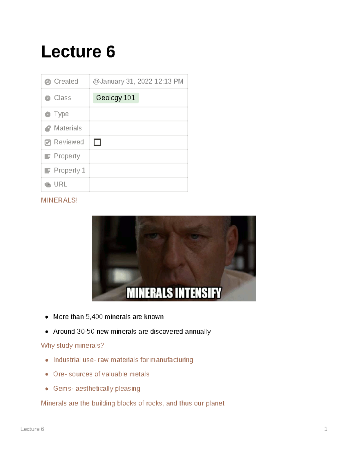 Geo Lecture 6 - Lecture 6 Created Class Geology 101 Type Materials Reviewed Property Property 1 ...