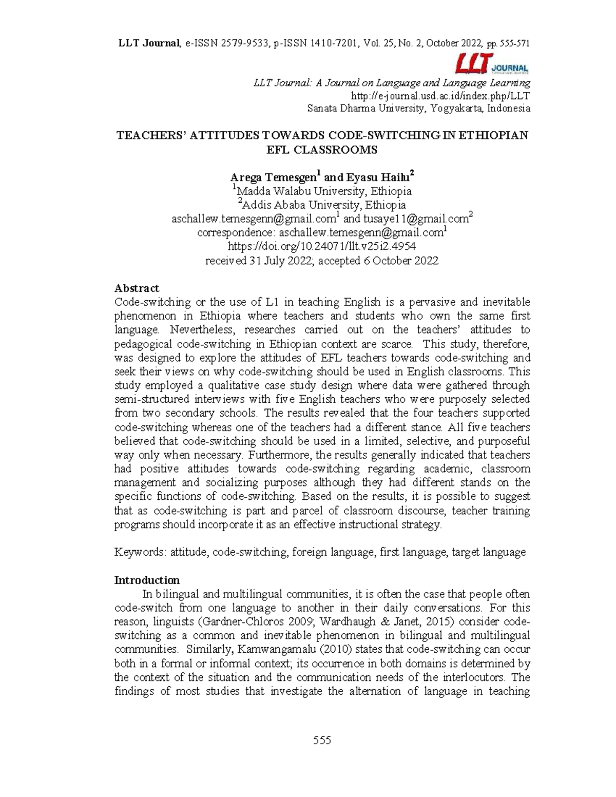 Teachers’ Attitudes Towards CODE- Switching IN Ethiopian EFL Classrooms ...