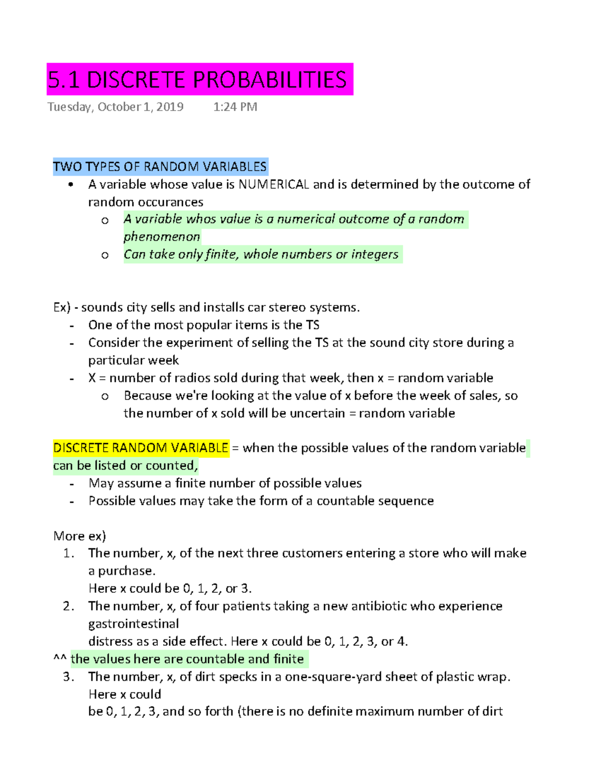 5.1 Discrete Probabilities - TWO TYPES OF RANDOM VARIABLES A variable ...