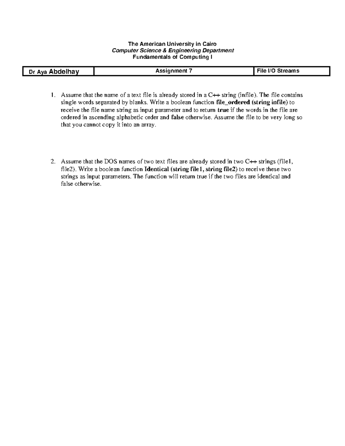 Assignment 7 (File I-O Streams) - The American University in Cairo Computer Science & - Studocu