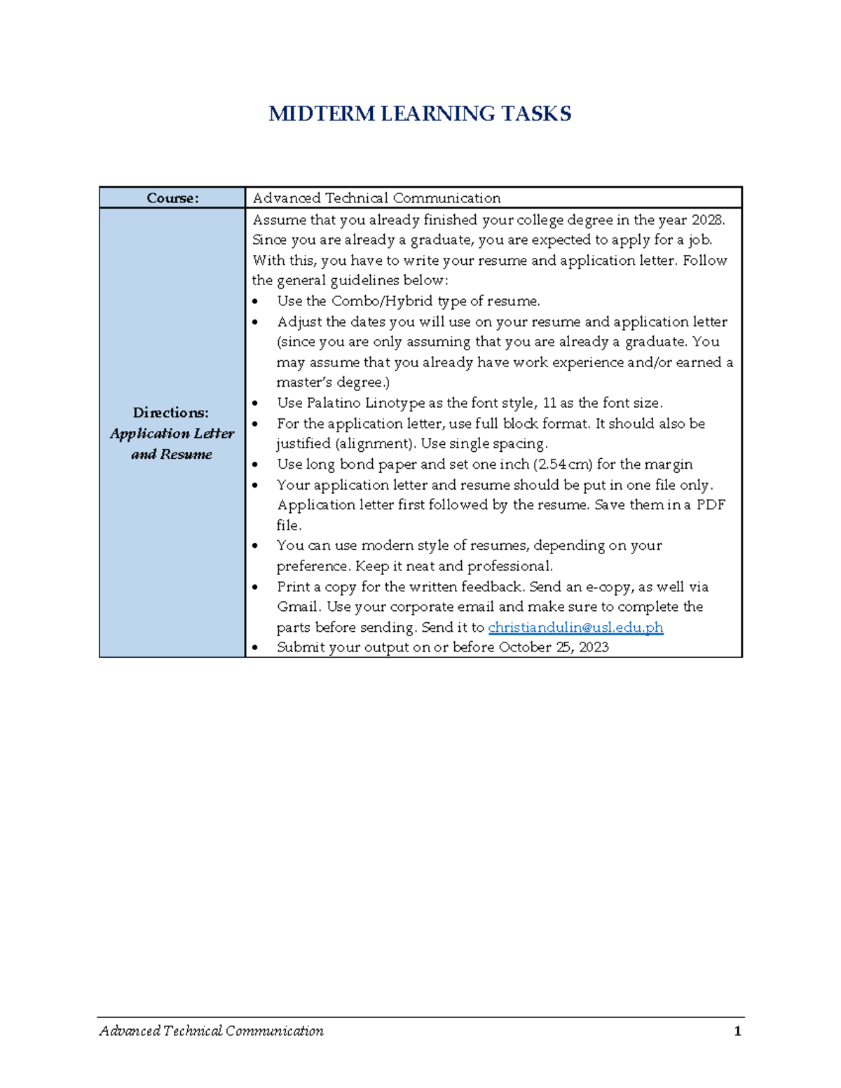 Learning Task 2 Application and Resume - MIDTERM LEARNING TASKS Course: Advanced Technical - Studocu