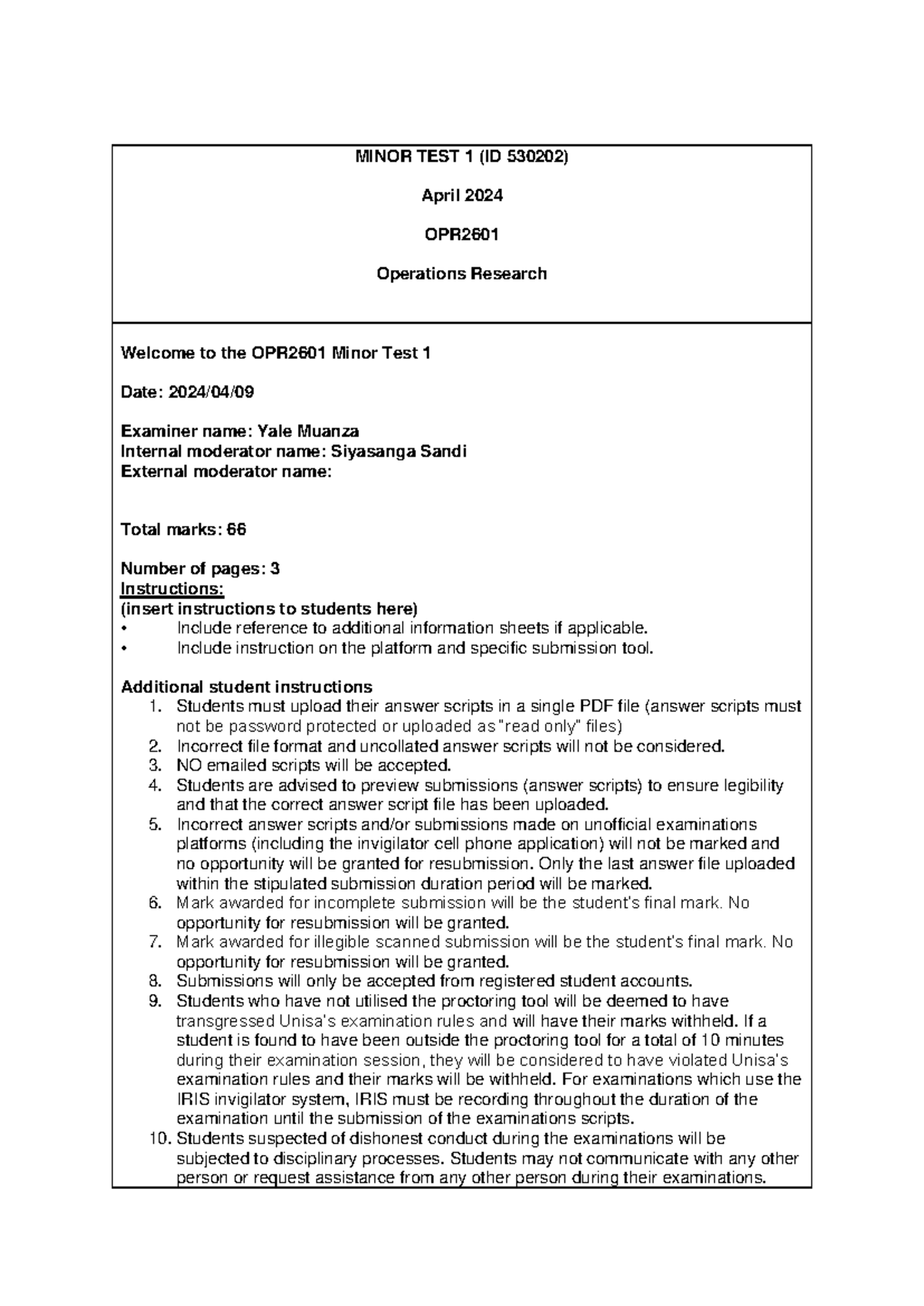 Minor Test 1 - DJFD SIDJSIFJ - MINOR TEST 1 (ID 530202) April 2024 OPR ...