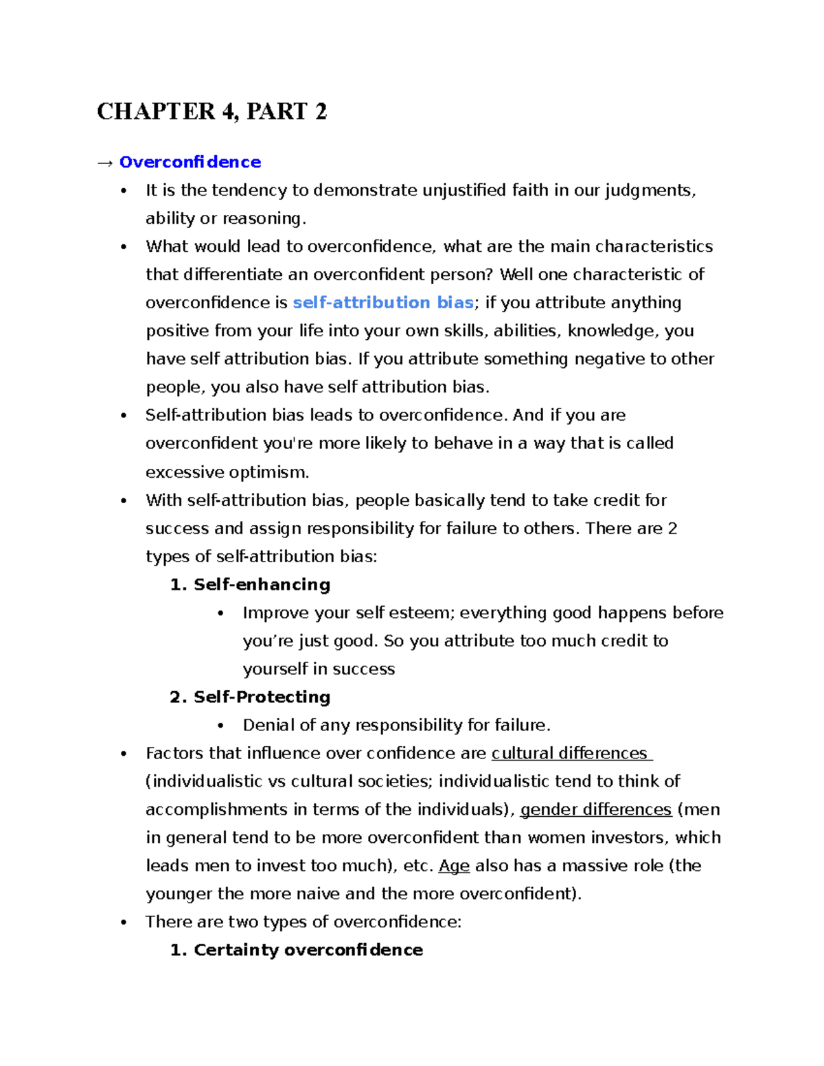 Fina 416- Chapter 4, part 2 - CHAPTER 4, PART 2 → Overconfidence It is ...