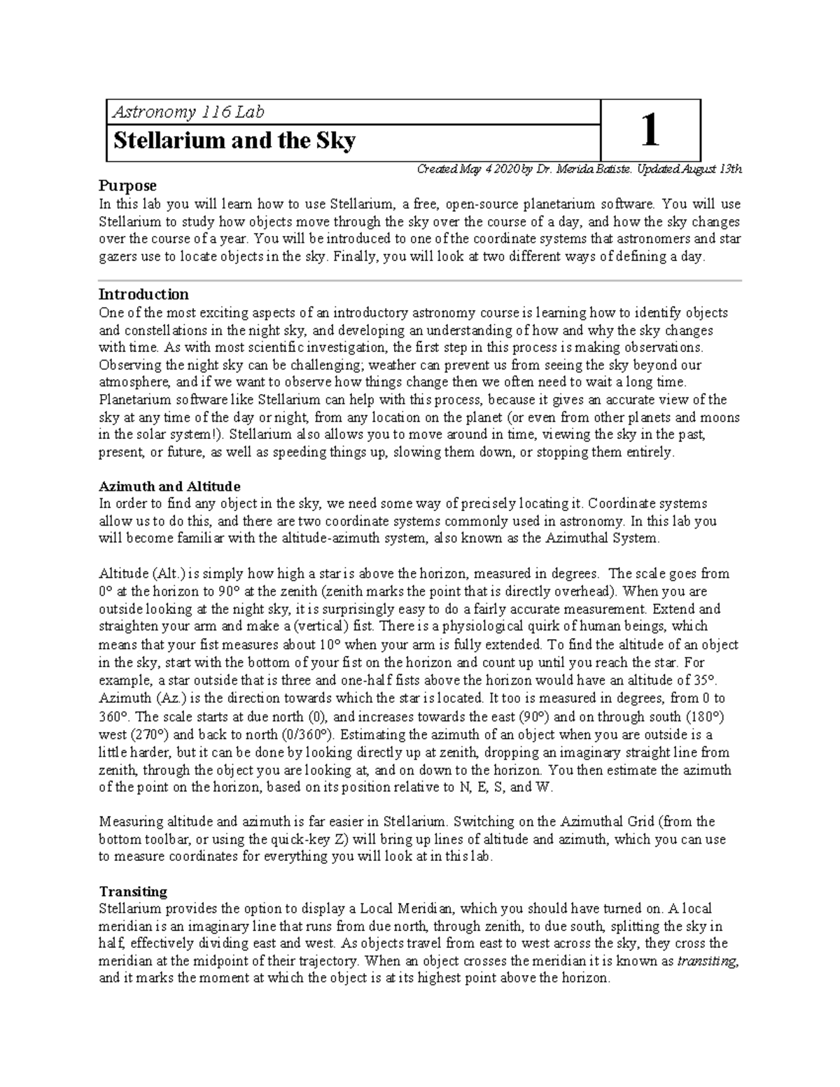1 - Stellarium and the Sky Introduction - Astronomy 116 Lab Stellarium ...