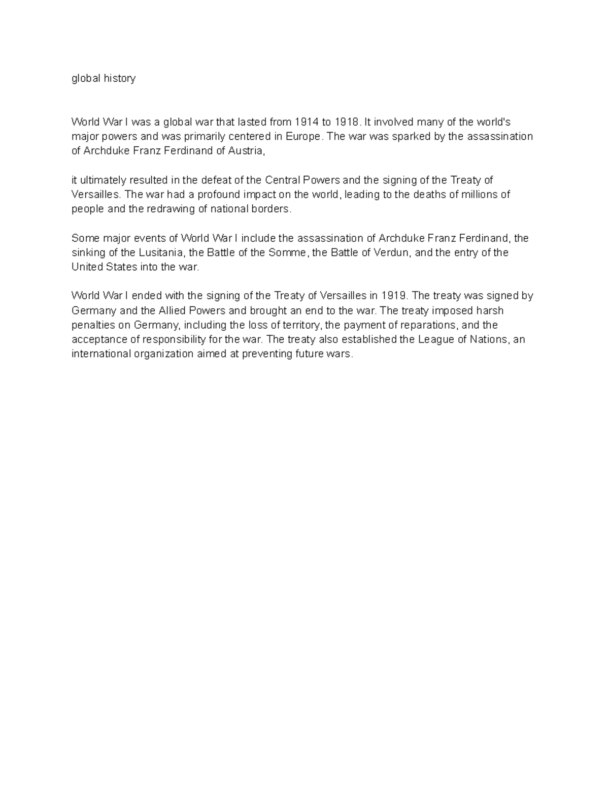 Ww1 - used to study for exams - global history World War I was a global ...