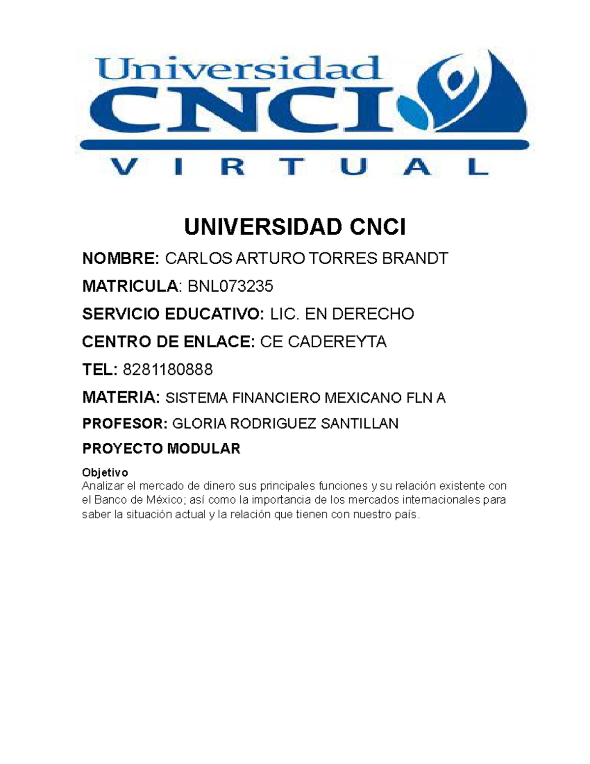 Proyecto Modular, Sistema Financiero Mexicano - UNIVERSIDAD CNCI NOMBRE: CARLOS ARTURO TORRES ...
