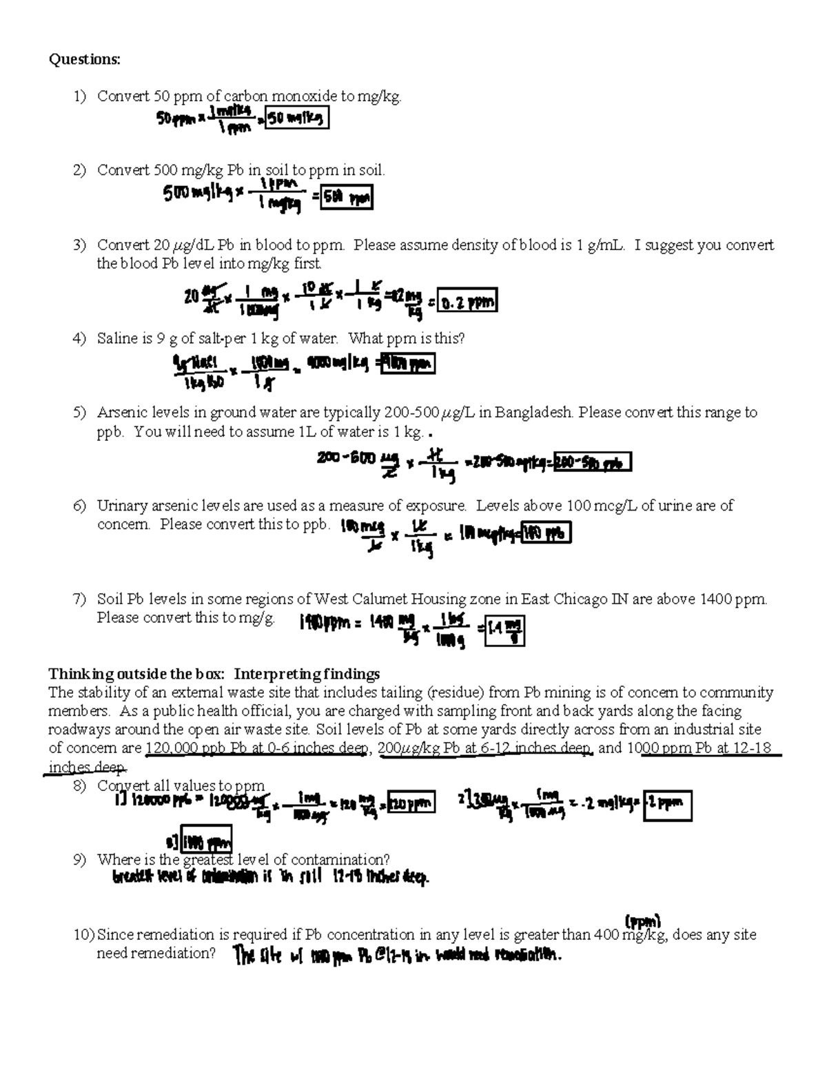 Pheh 301 Problem Set 1 Questions Convert 50 Ppm Of Carbon Monoxide