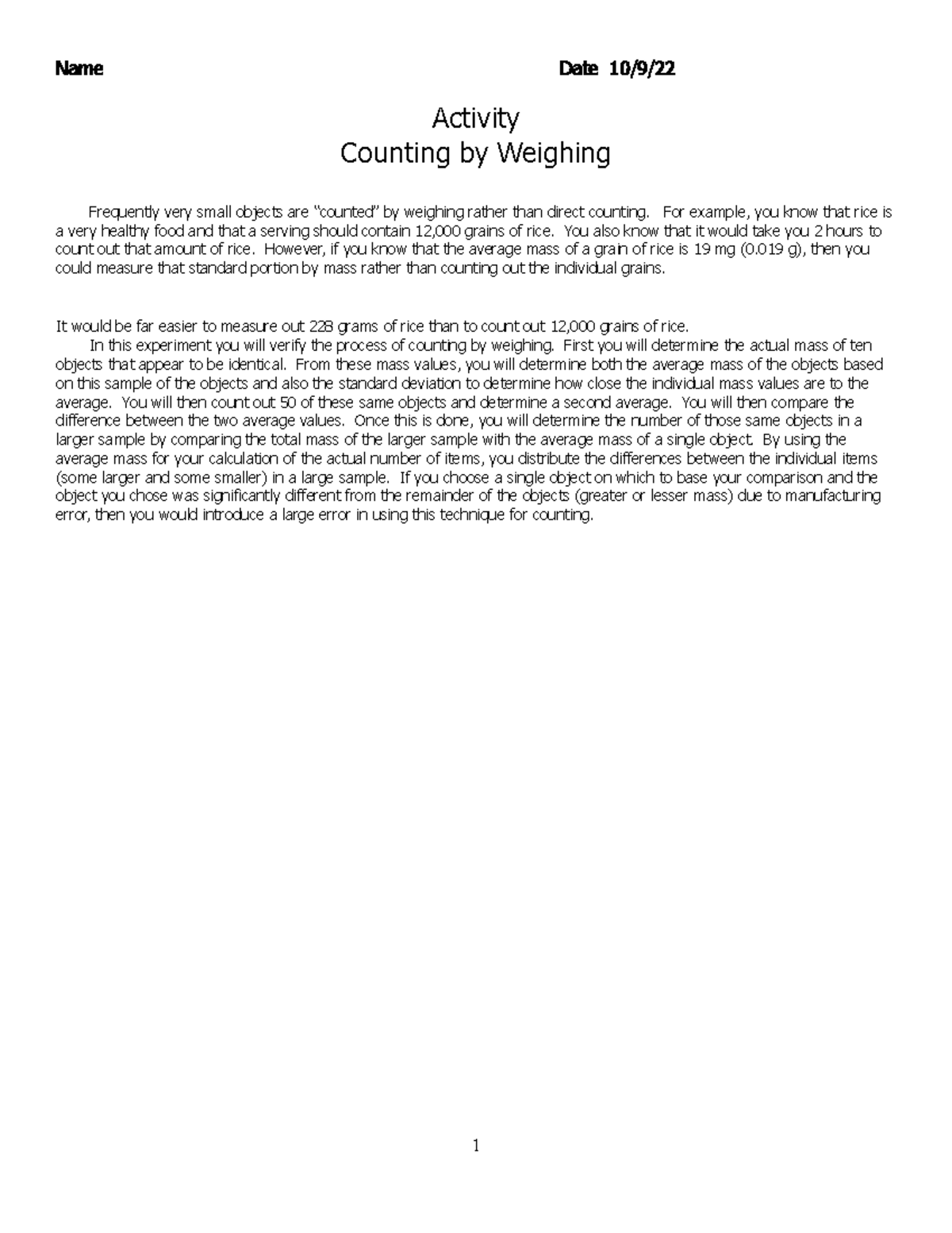 Activity - Prelab Counting by Weighing - Activity Counting by Weighing ...
