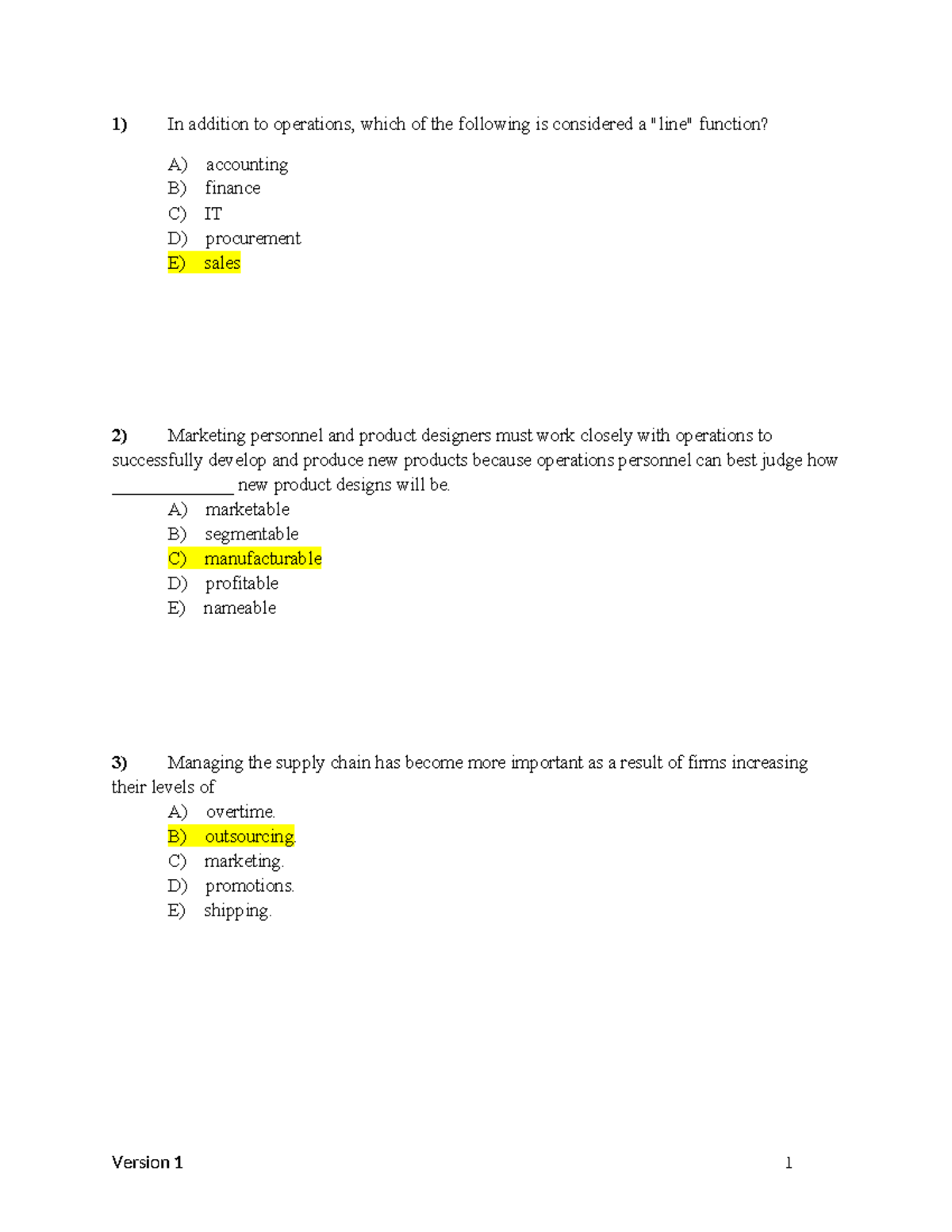 Operations Management study guide - In addition to operations, which of ...