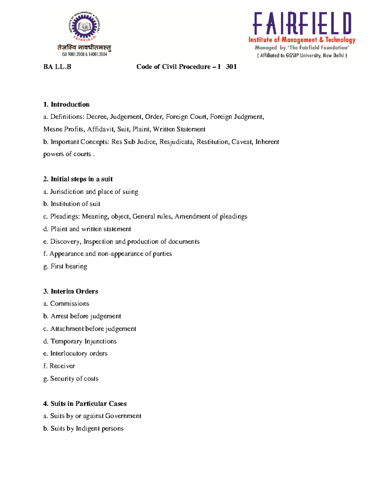 Ballb 301 - nsnsnsn - BA LL Code of Civil Procedure – I 301 ...