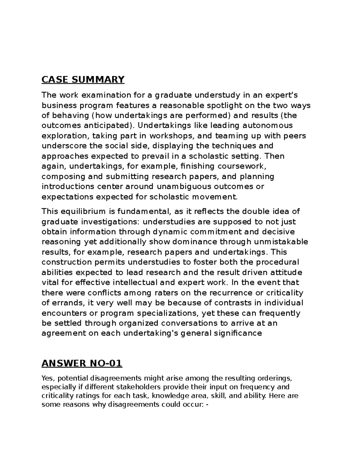 Assignment performance - CASE SUMMARY The work examination for a ...