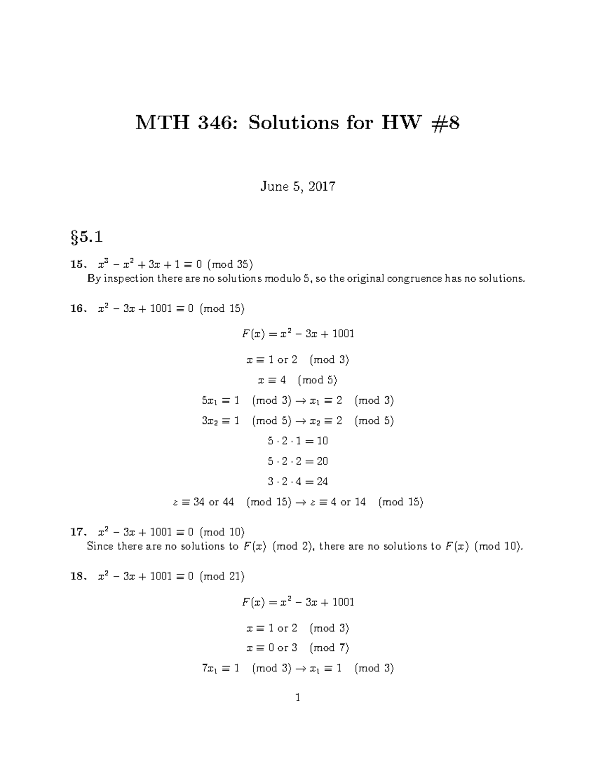 Hw8 346 sol - Solutions to homework assignment 8 - MTH 346: Solutions for HW June 5, 2017 15. x3 ...