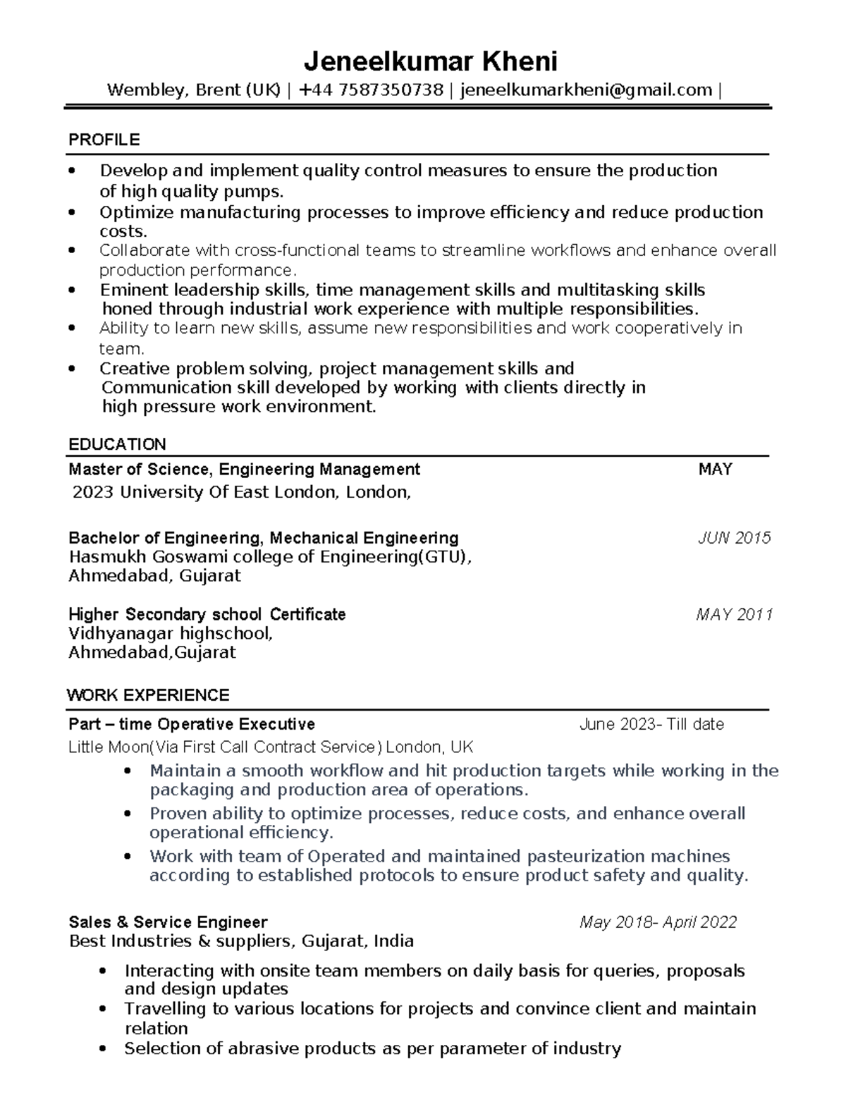 Resume- Jeneelkumar Kheni - Jeneelkumar Kheni Wembley, Brent (UK) | +44 ...