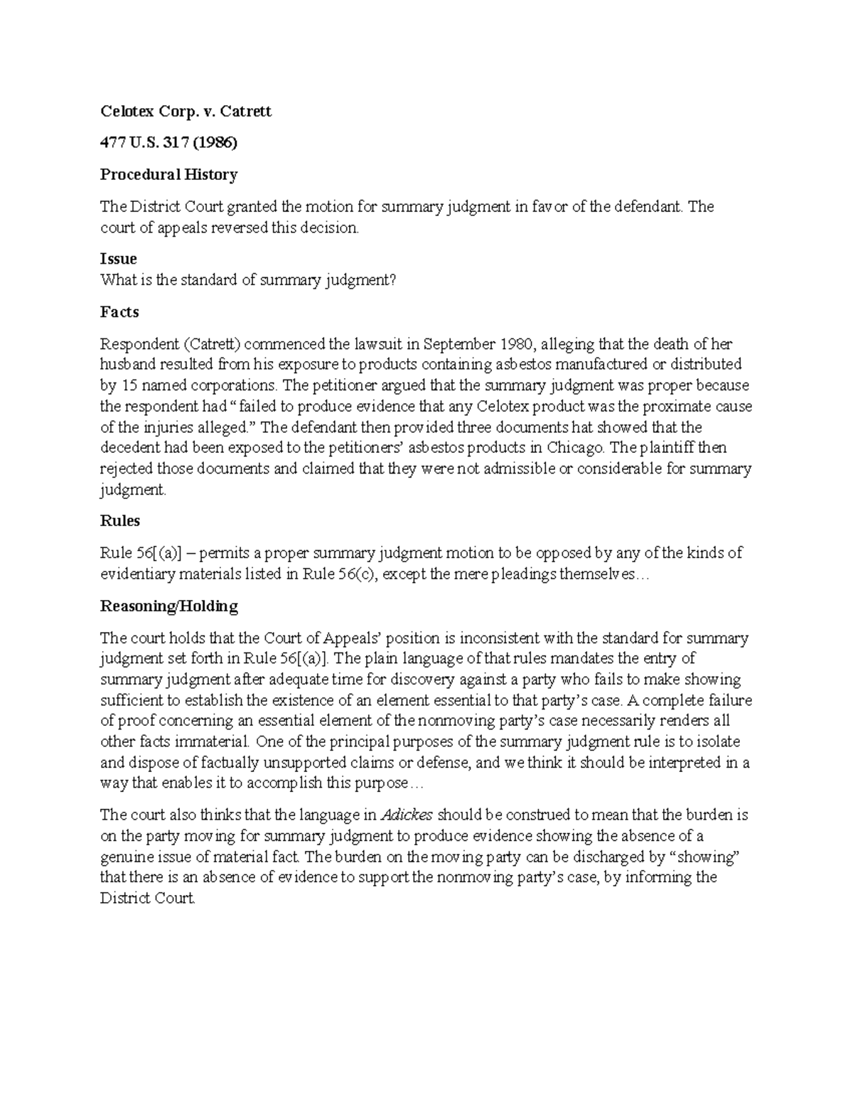 Civil Procedure Case Briefs - Celotex Corp. v. Catrett 477 U. 317 (1986 ...