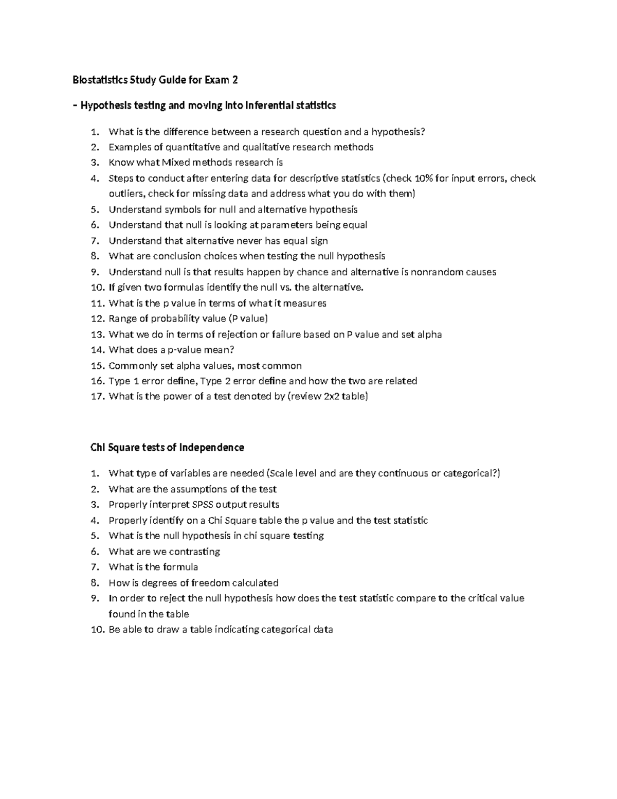 Test 2 Study Guide - Biostatistics Study Guide for Exam 2 Hypothesis ...