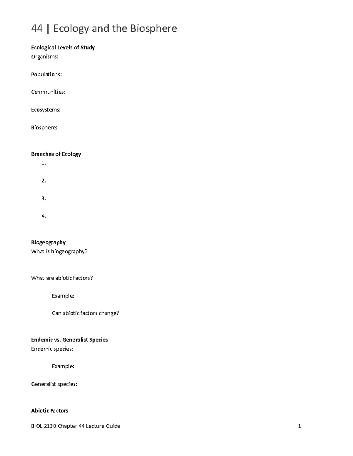 Chapter 44 Lecture Guide - 44 | Ecology and the Biosphere Ecological ...