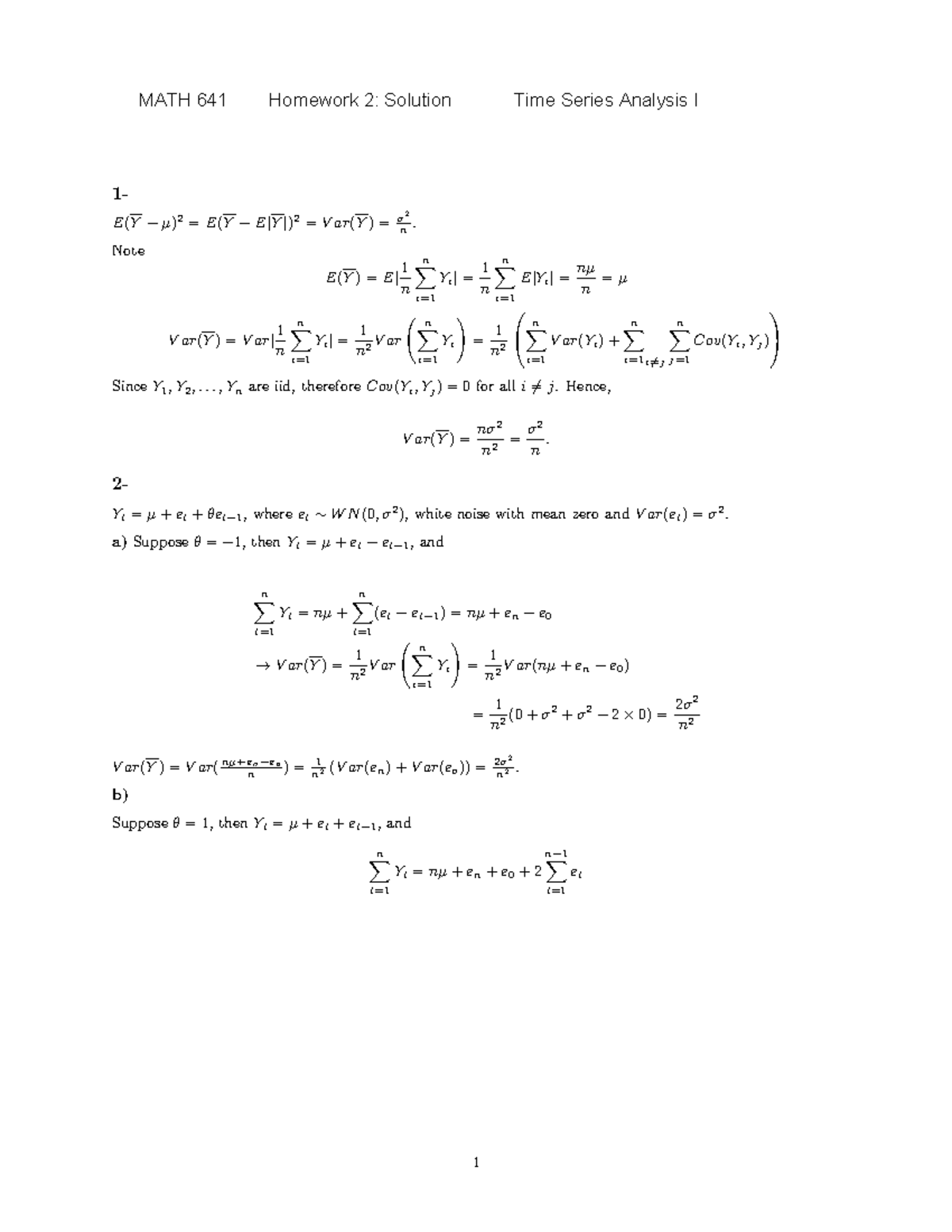Homework 2-MA 641 Solution - Math 474 HW2 - Solution 1- E ( Y − μ ) 2 = E ( Y − E [ Y ]) 2 = V ...