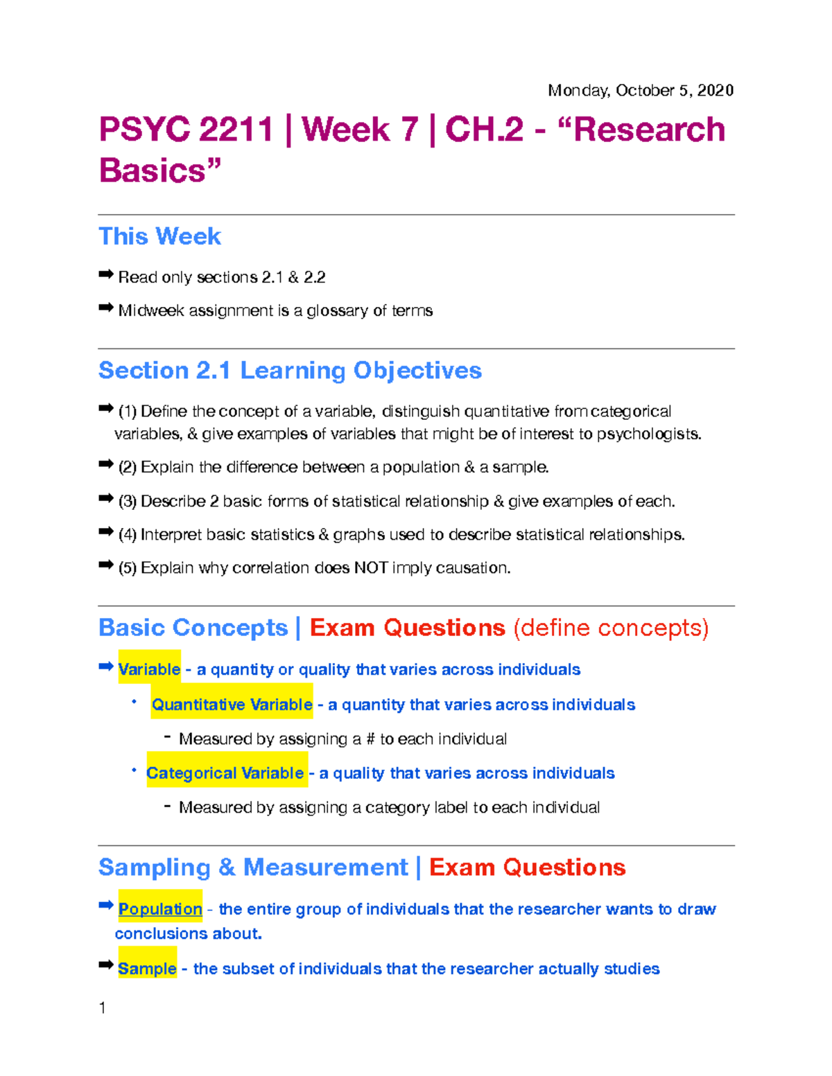 Week 7, Lec. "Basic Concepts" - CH.2 (e-book) - PSYC 2211 | Week 7 | CH - “Research Basics” This ...