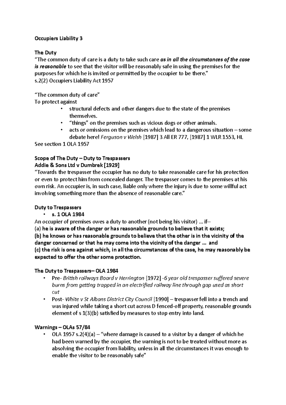 Occupiers Liability 3 - ” s(2) Occupiers Liability Act 1957 “The common ...
