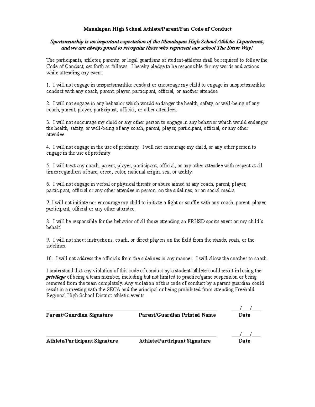 MNHS Parent Code of Conduct 2021 - Manalapan High School Athlete/Parent ...