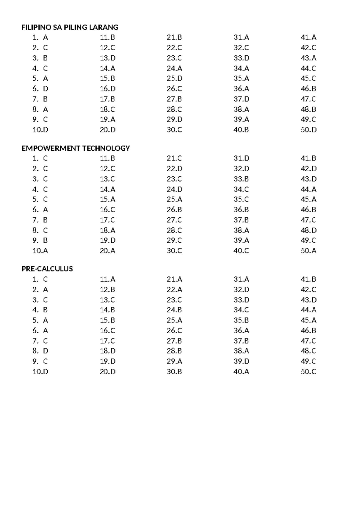 2nd Quarter Answer key - FILIPINO SA PILING LARANG 1. A 2. C 3. B 4. C ...