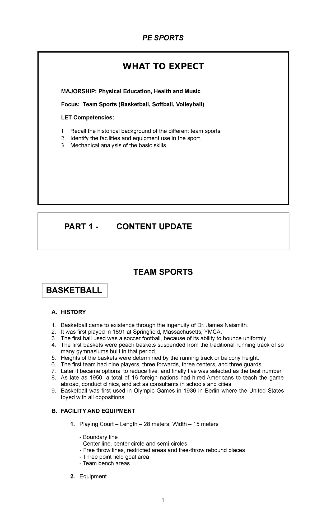 PE Sports - PE SPORTS TEAM SPORTS A. HISTORY Basketball came to ...