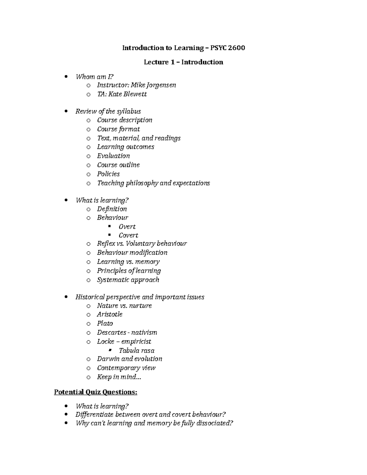 Lecture 1 - Intro - 1234 - Introduction to Learning – PSYC 2600 Lecture ...