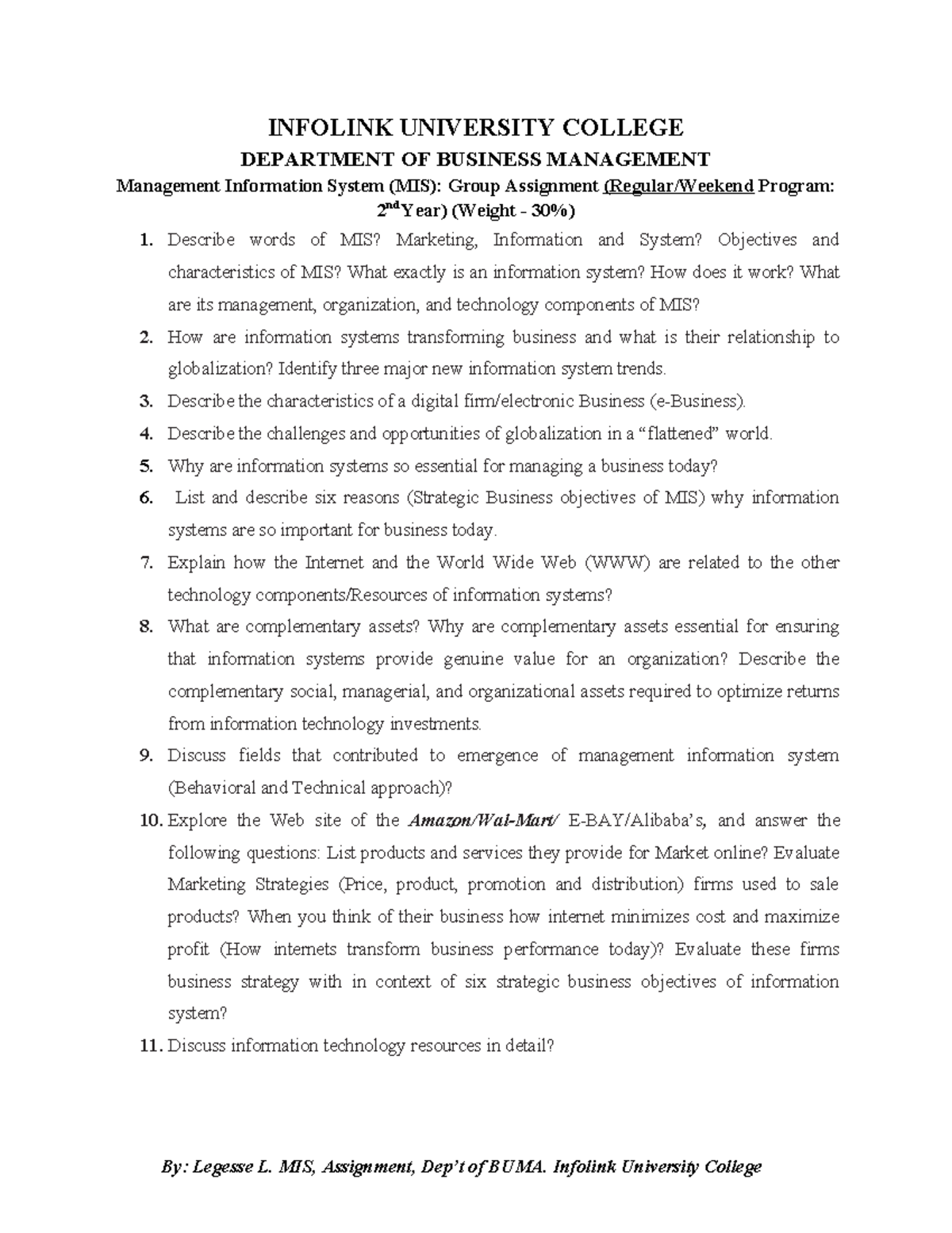 MIS Assignment - INFOLINK UNIVERSITY COLLEGE DEPARTMENT OF BUSINESS ...