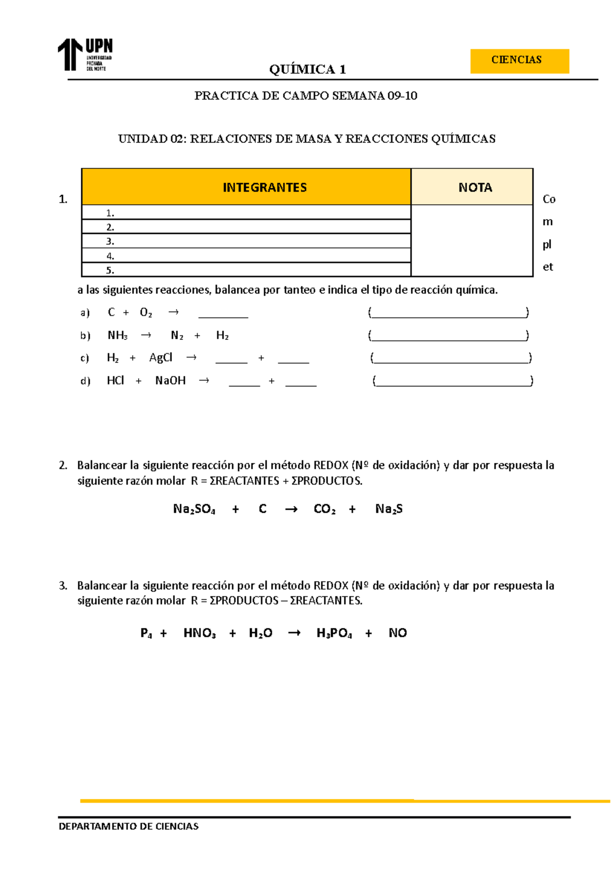 Practica DE Campo SEM 09-10 - QUÍMICA 1 PRACTICA DE CAMPO SEMANA 09- UNIDAD 02: RELACIONES DE ...
