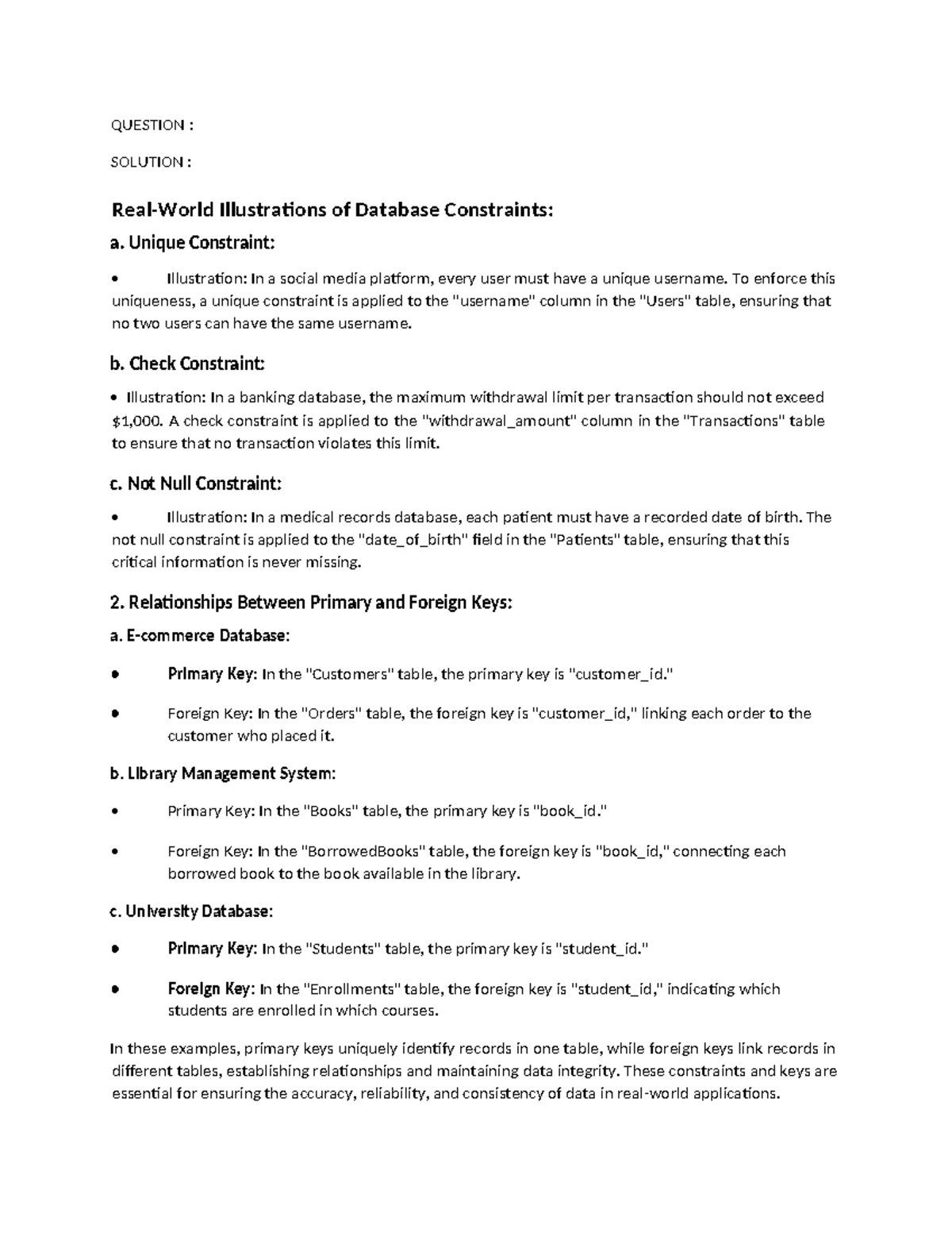 DATABASE KEYS CONSTRAINT - QUESTION : SOLUTION : Real-World Illustrations of Database ...