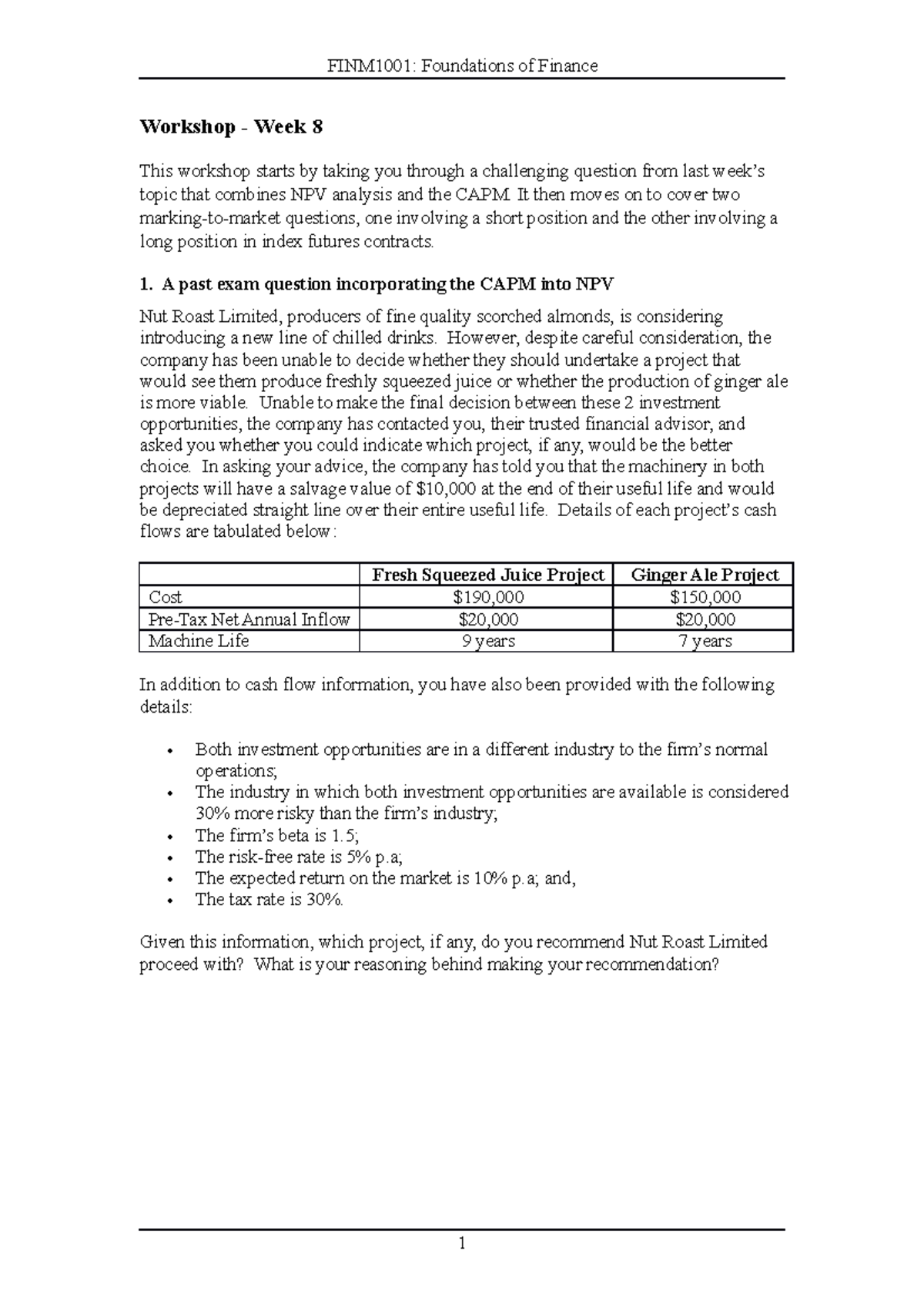 FINM1001 Workshop Week 8 - Workshop - Week 8 This workshop starts by taking you through a - Studocu